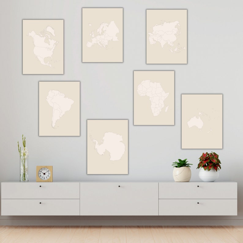 7 Continents Wall Art Printable Gallery Wall World Map Travel Beige ...