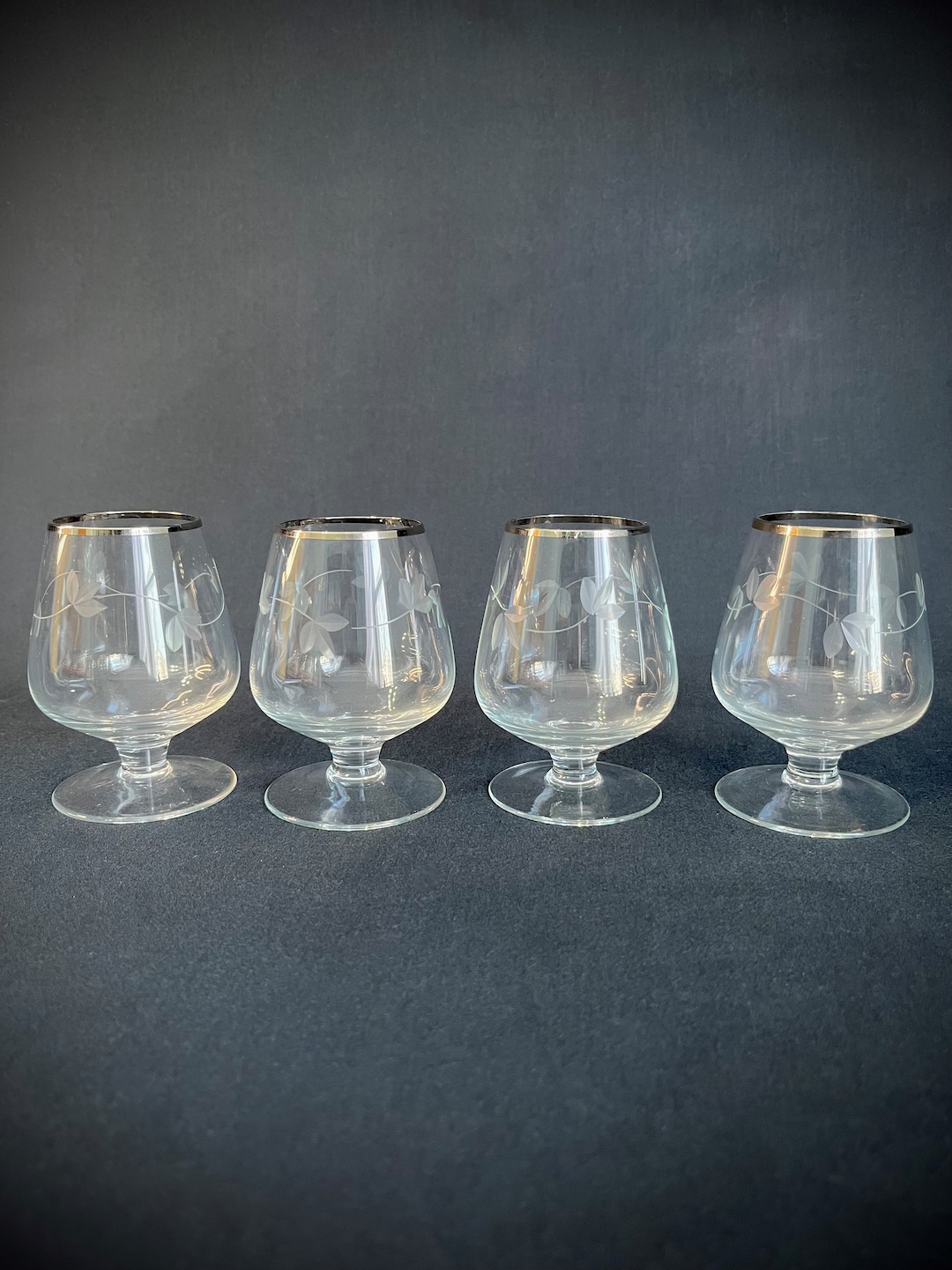 Vintage Mini Brandy Glass With Etched Leaves | Set of 4 | Cognac ...