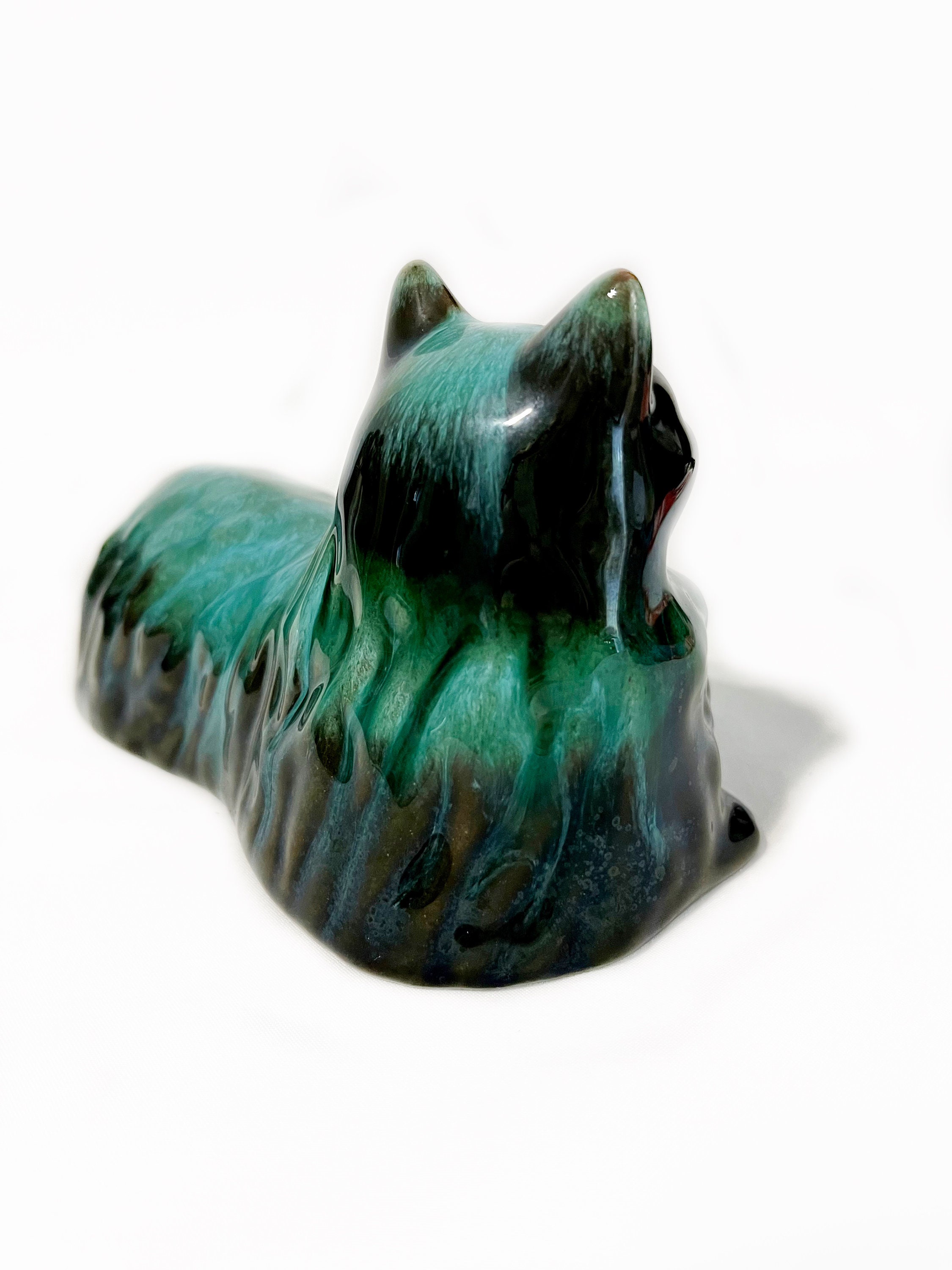 Medium Blue Mountain Pottery Long Haired Cat Statue Persian Kitty Green ...