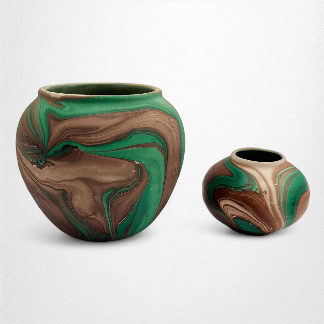 Vintage Pair of Seven Falls Vases | Clay Pottery | Swirl Brown & Green ...