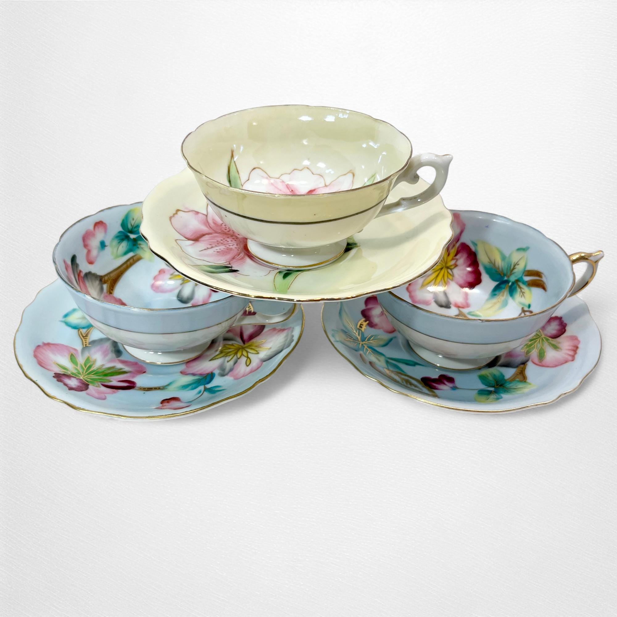 Set of 6 Hand Painted Mismatched Tea Cups & Saucers | Vintage Teacups ...