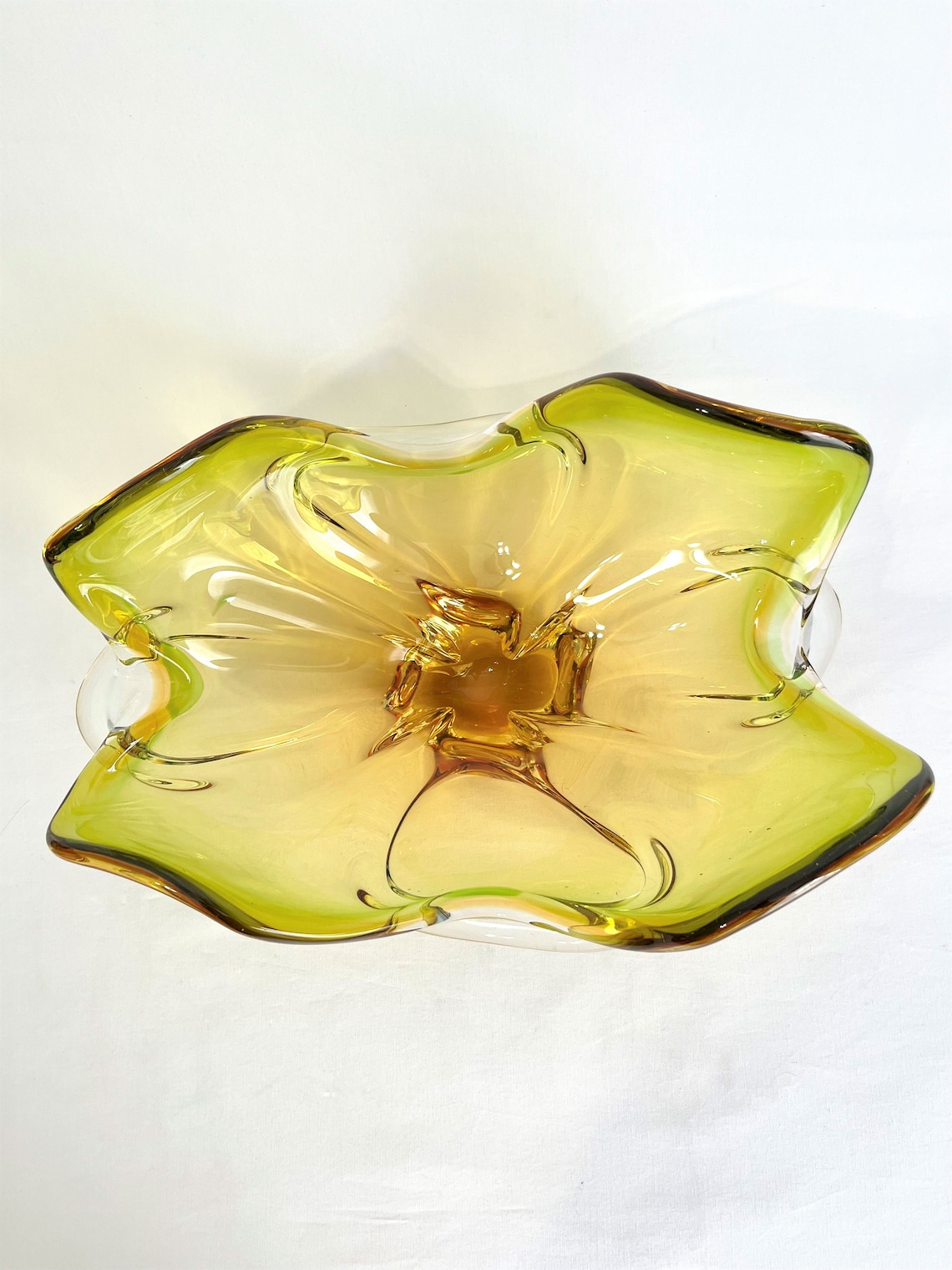 Vintage Canadian Art Glass Amber Green 13 Wide Freeform Bowl Large Mid ...