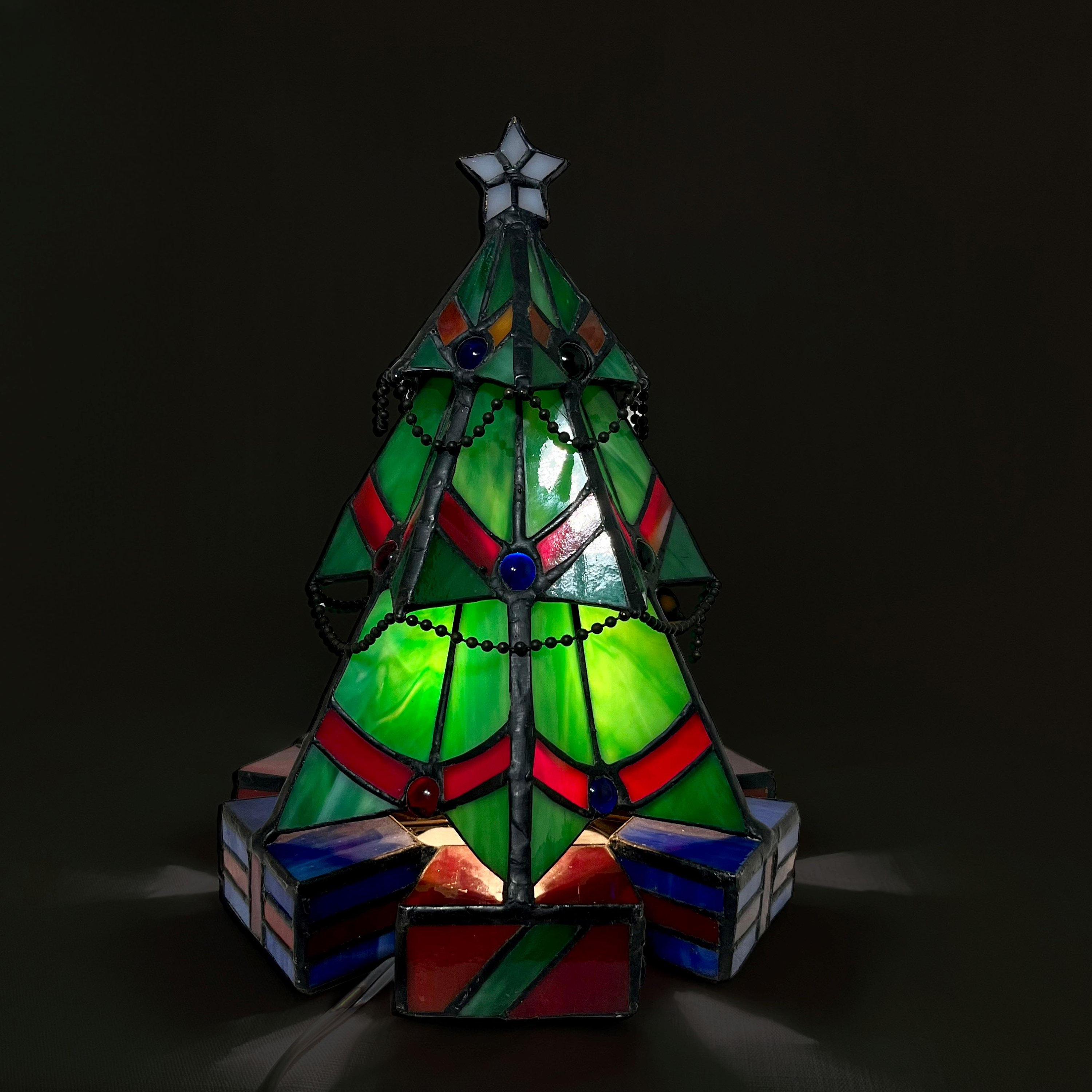Vintage Leaded Stained Glass Christmas Tree Lamp, Tiffany Style Night ...