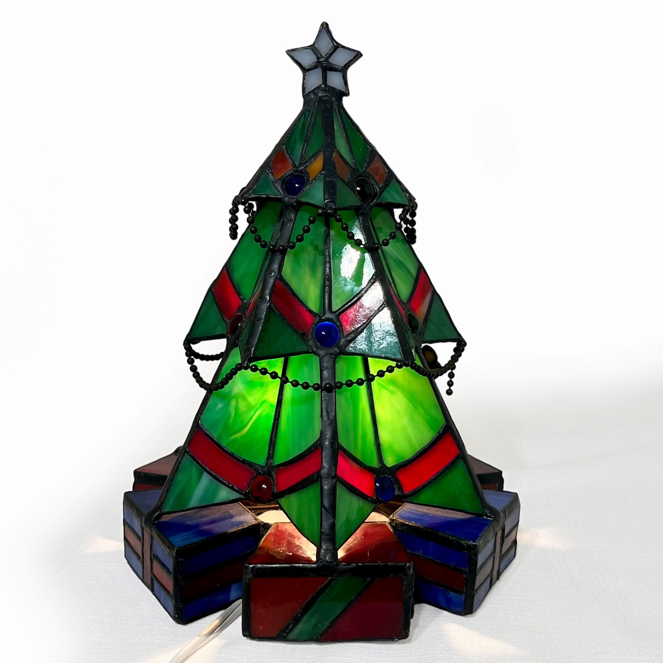 Vintage Leaded Stained Glass Christmas Tree Lamp, Tiffany Style Night ...