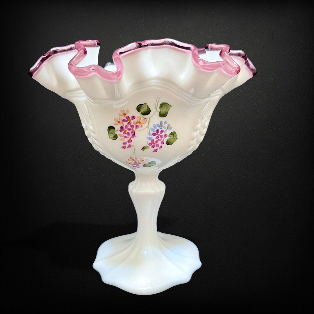 Fenton Plum Crest Milk Glass Compote W/ Hand Painted Lilac Flowers ...