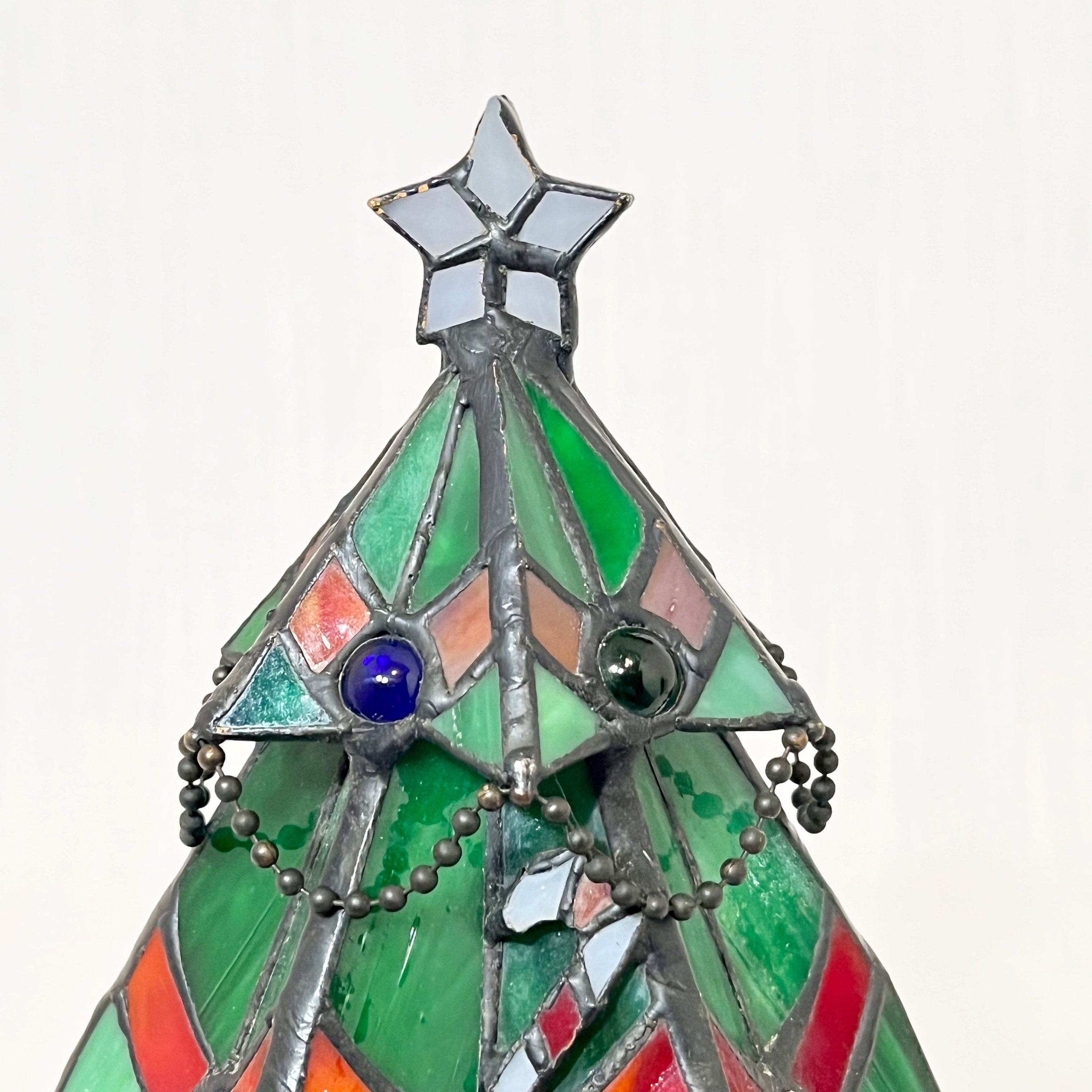 Vintage Leaded Stained Glass Christmas Tree Lamp, Tiffany Style Night ...