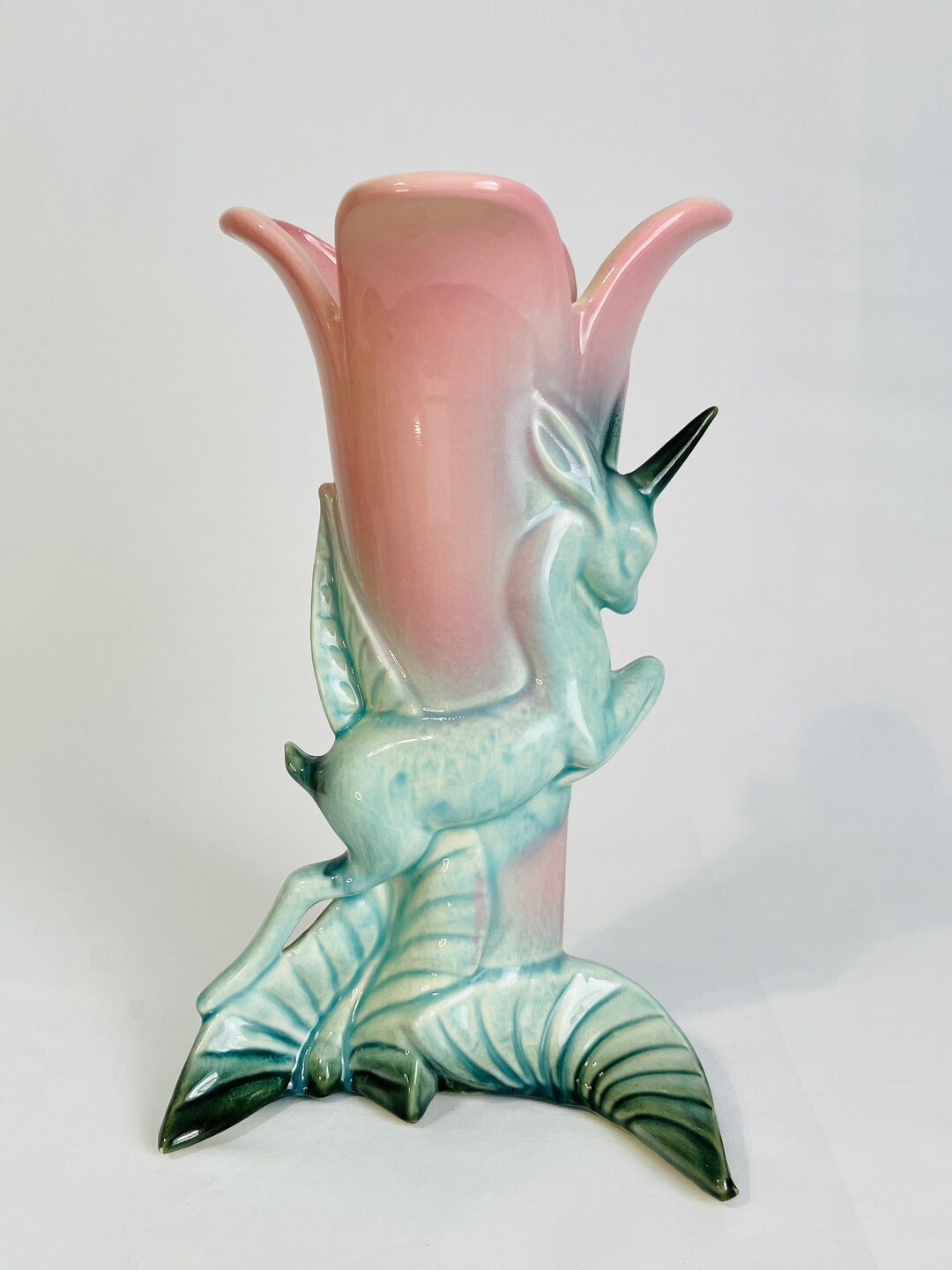 Vintage Hull Pottery Leaping Stag Vase | Soft Pink, Blue & Aqua ...
