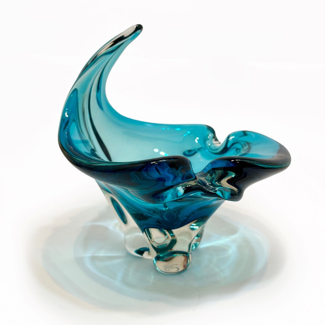 Vintage Signed Chalet Finger Cigar Bowl Dark Blue Art Glass Ashtray Mid ...