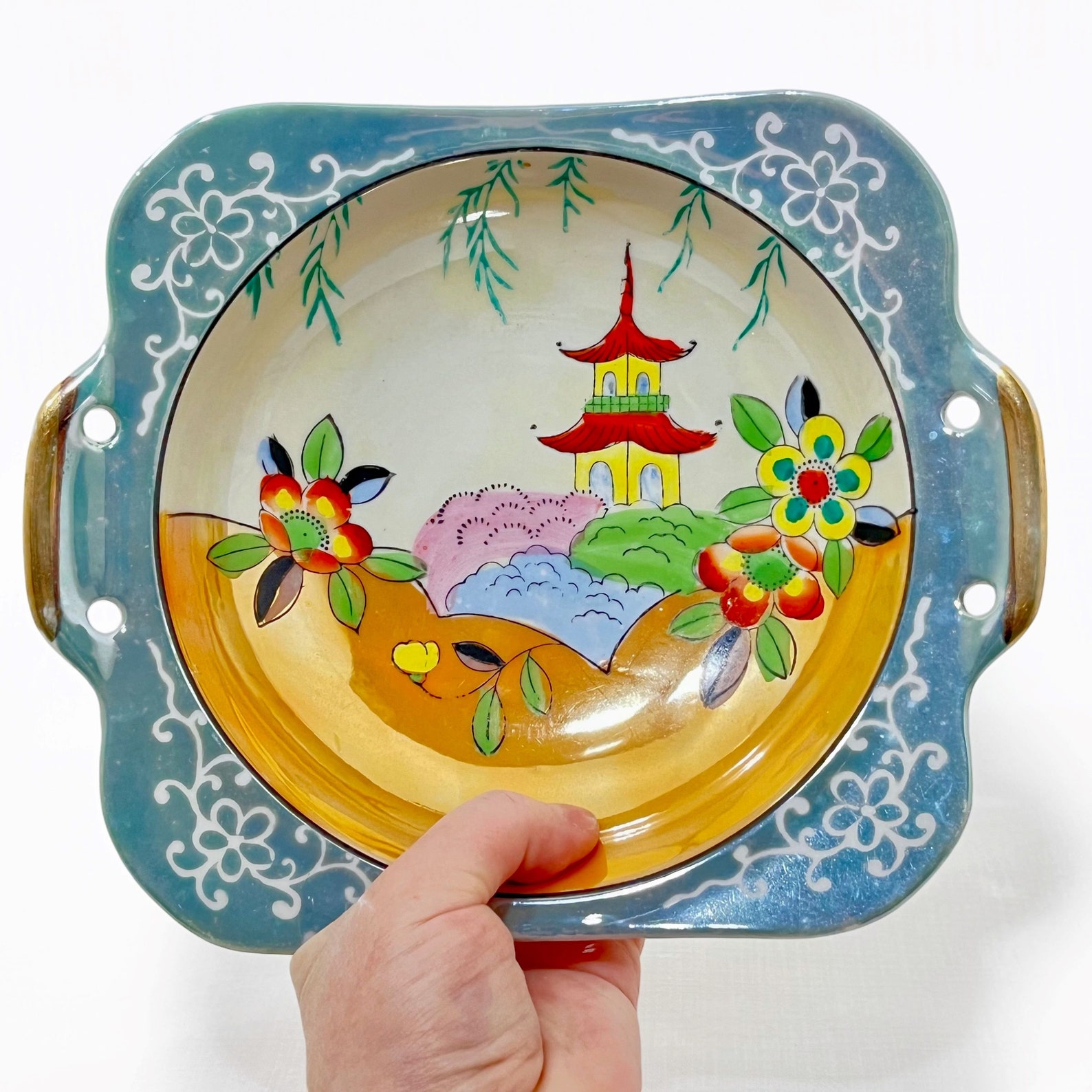 Vintage Lustreware Square Bowl | Hand Painted Gaudy Blue Willow ...