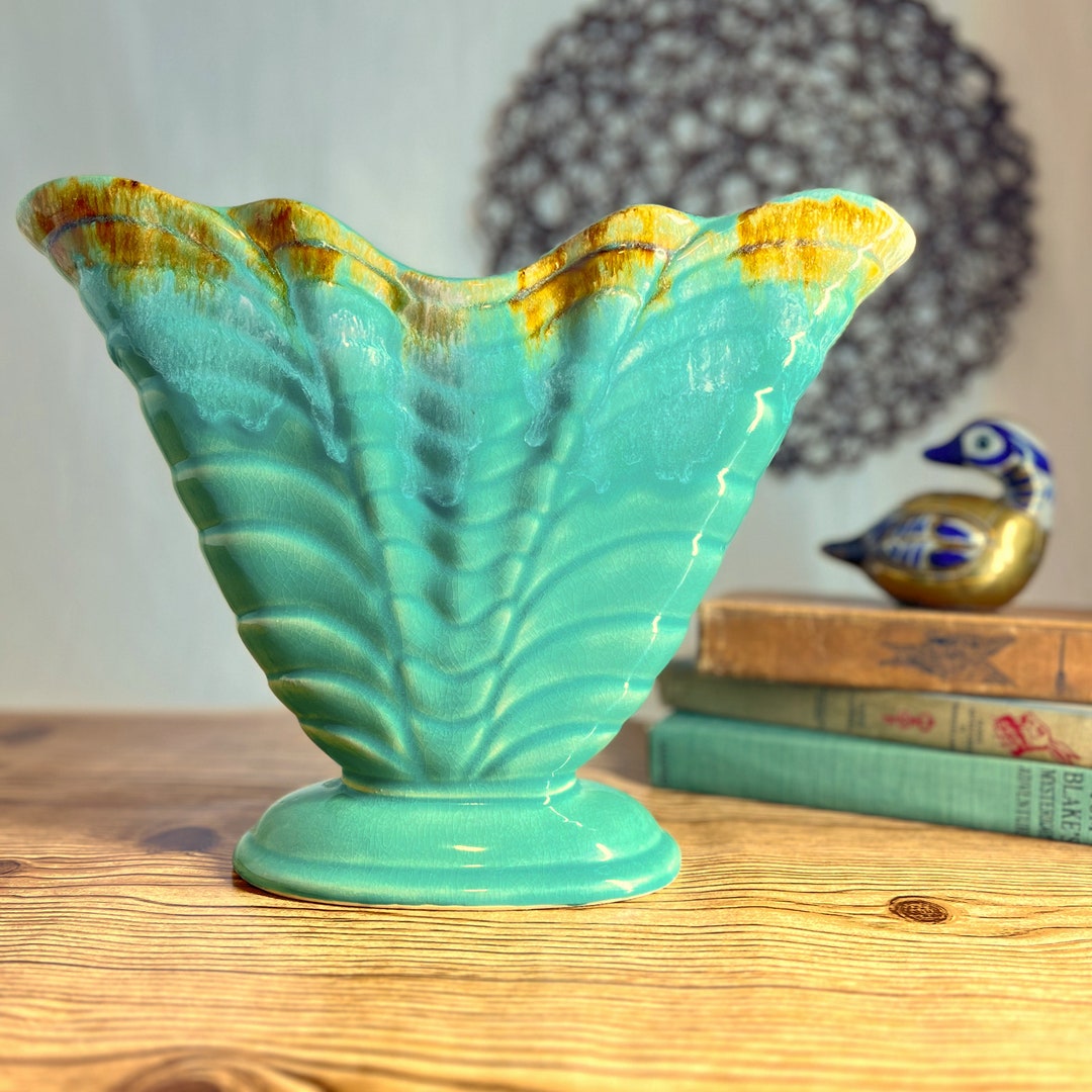 Robinson Ransbottom Art Deco Fan Vase Vintage Green Teal - Etsy