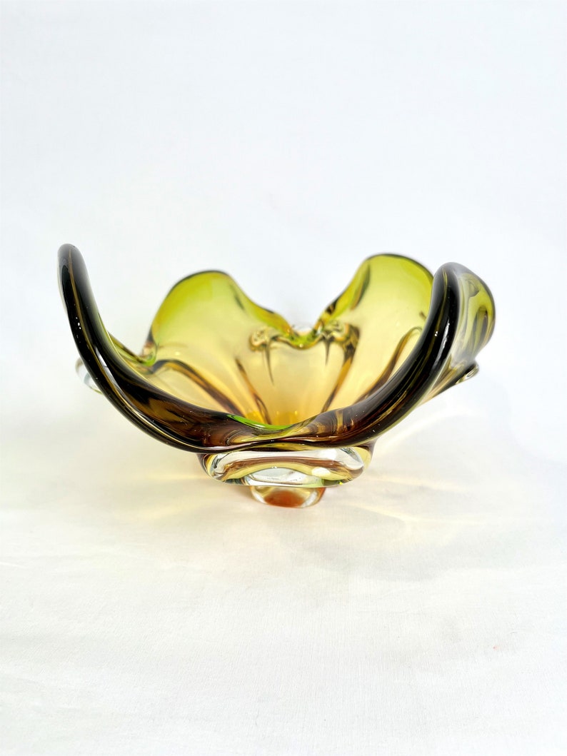 Vintage Canadian Art Glass Amber Green 13 Wide Freeform Bowl Large Mid ...