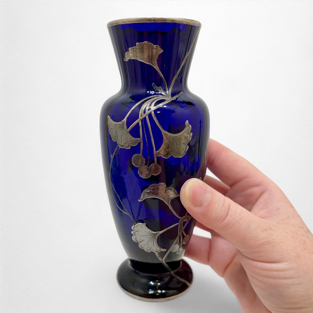 Stunning Cobalt Blue Glass Vase With Silver Overlay | Art Nouveau ...