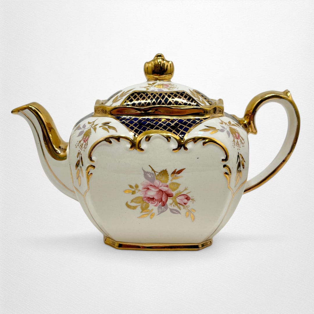 Vintage Sadler Cube Teapot #2674 | Cobalt Blue & Gold With Pink Roses ...