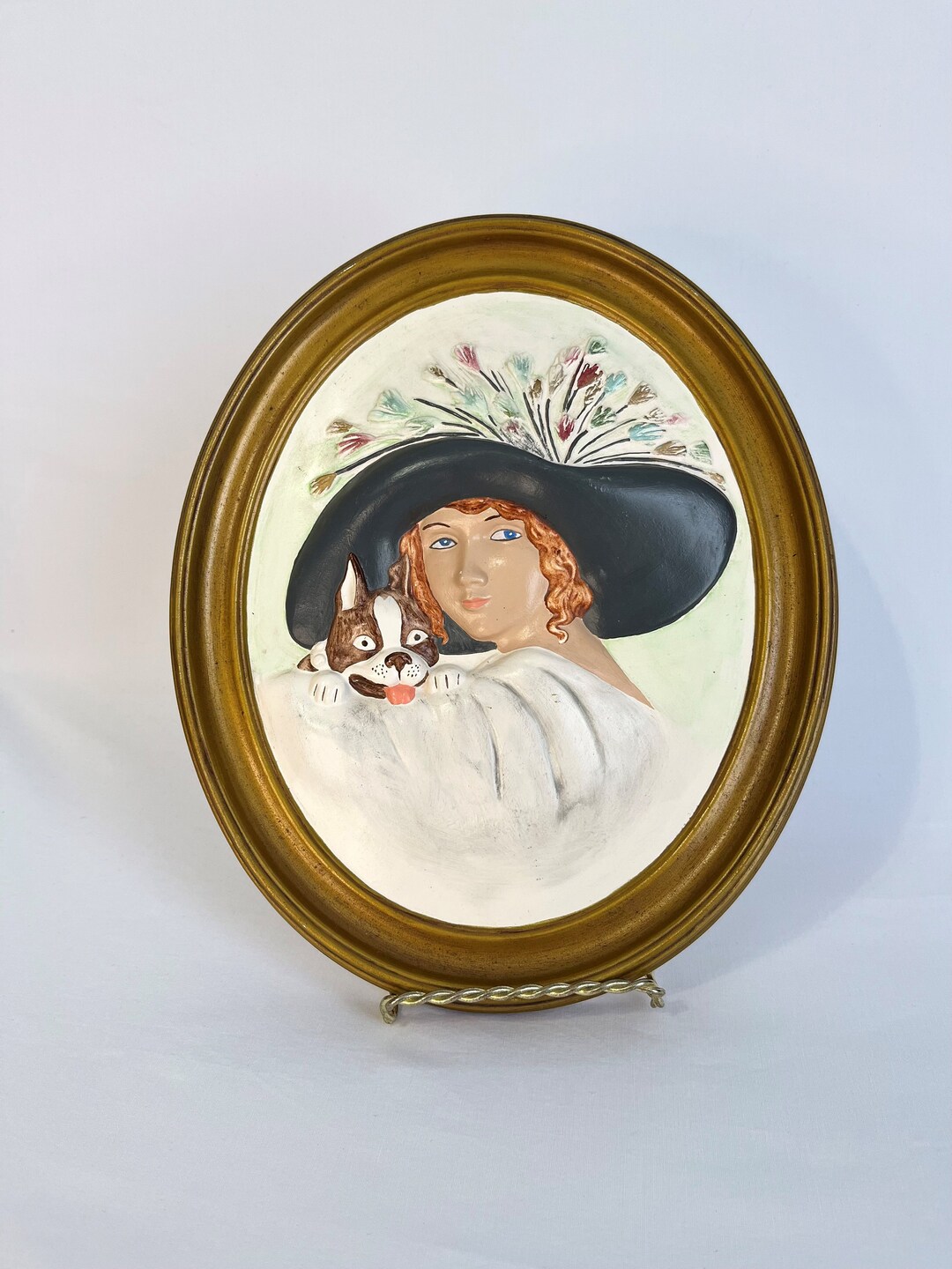 Retro Lady Holding Dog Hand Painted Plaque | Woman in Hat Portrait ...