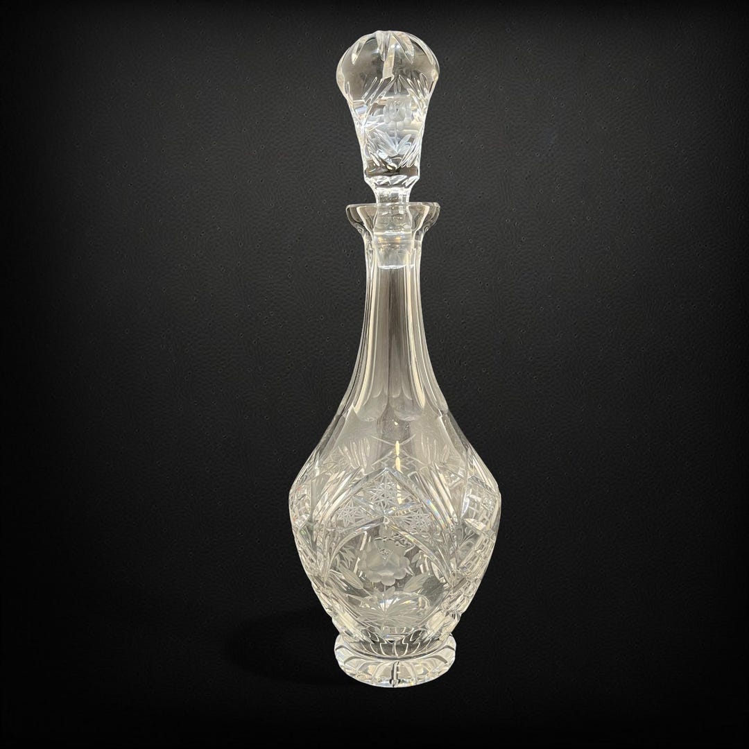 Vintage European Cut Crystal Decanter With Flower Motif | Tall Carafe ...