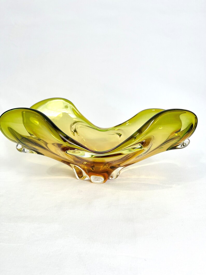 Vintage Canadian Art Glass Amber Green 13 Wide Freeform Bowl Large Mid ...