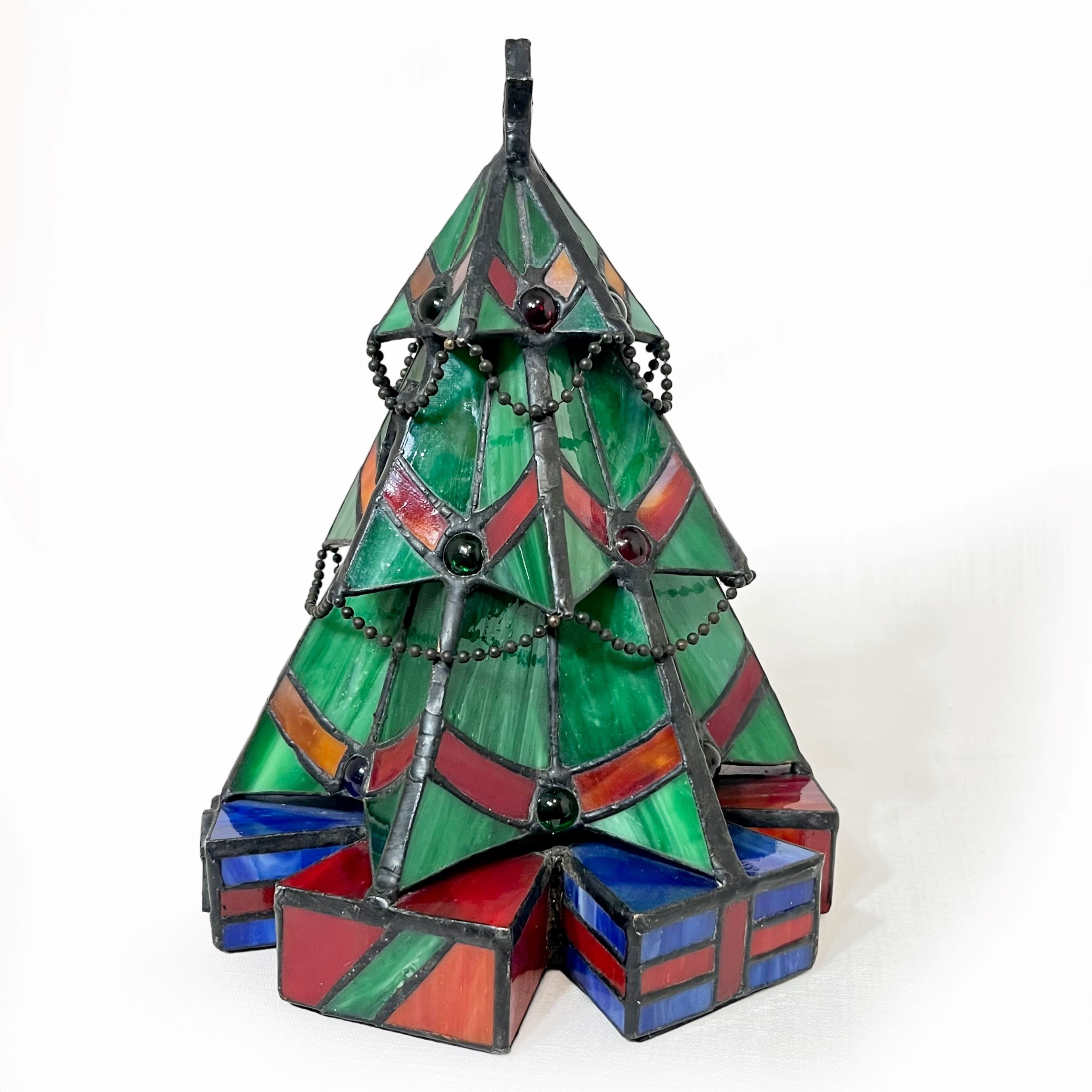 Vintage Leaded Stained Glass Christmas Tree Lamp, Tiffany Style Night ...