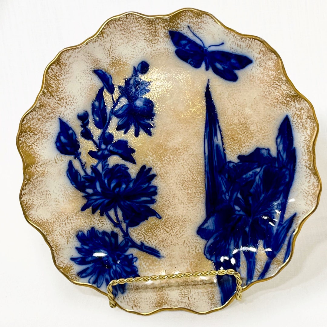 Antique Doulton Burslem Flow Blue Plate | Flowers & Butterfly Cabinet ...