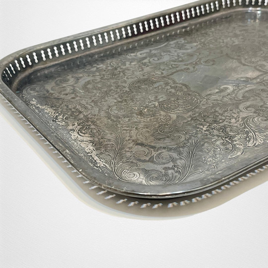 Vintage Silver Plated Tray With Ornate Engraving Rectangle Serving ...
