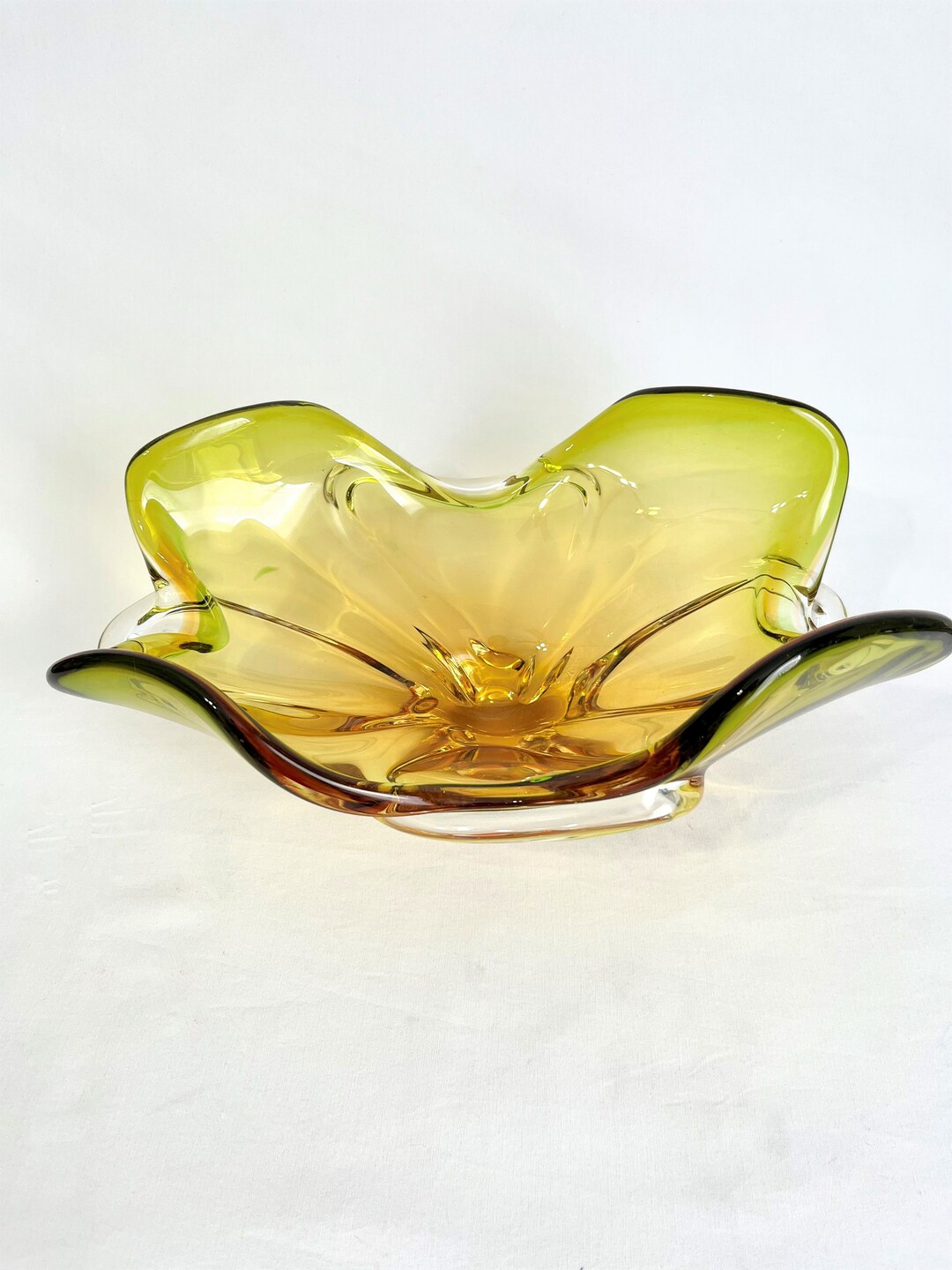 Vintage Canadian Art Glass | Amber Green | 13" Wide | Freeform Bowl ...