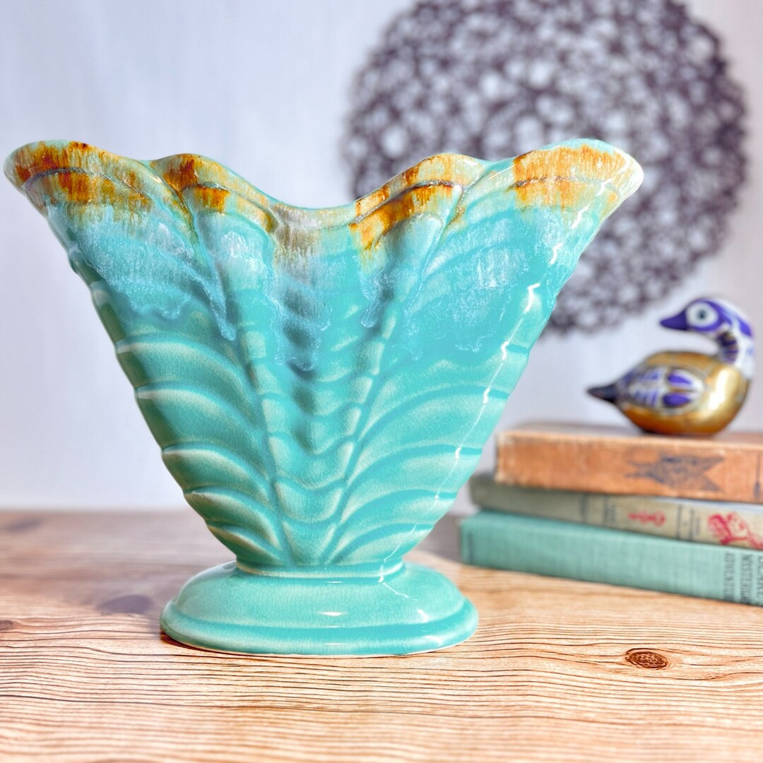 Robinson Ransbottom Art Deco Fan Vase | Vintage Green Teal Brown Drip ...