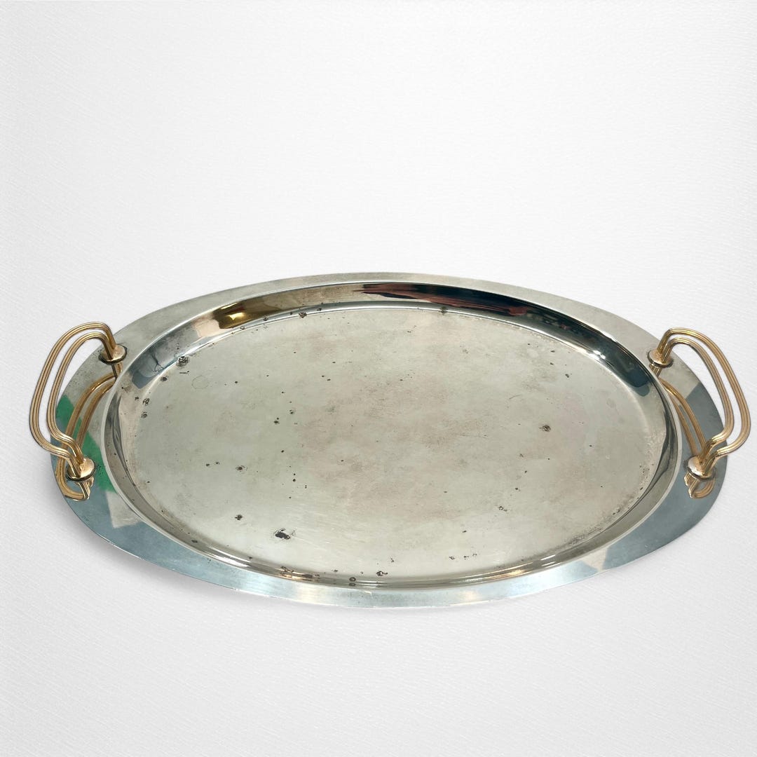 Unusual 1960s Art Deco Silver Plated Oval Tray With Brass Handles ...