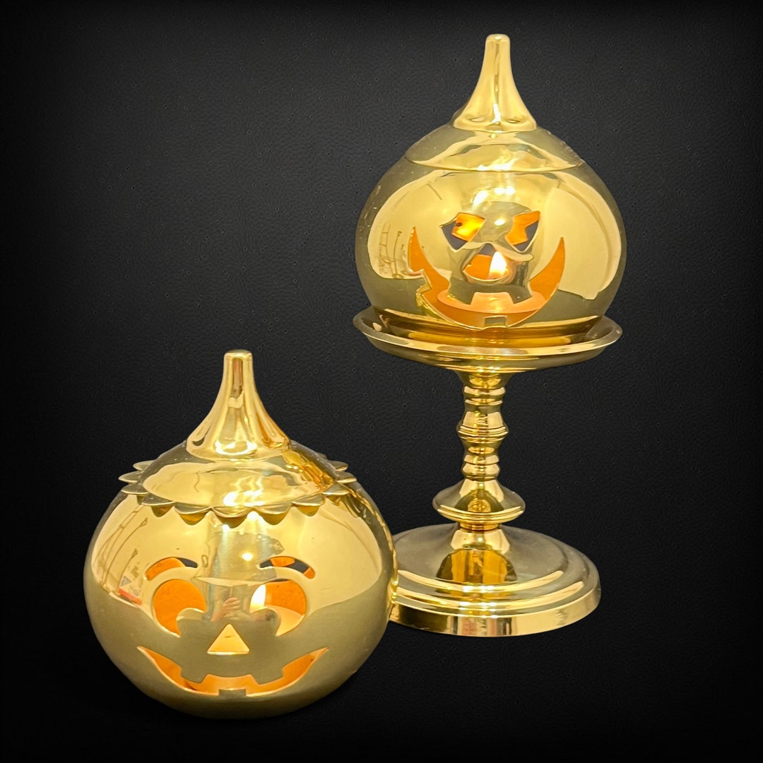 3 Piece Halloween Brass Decor Set Brass Partylite Jack O Lantern & Jill ...
