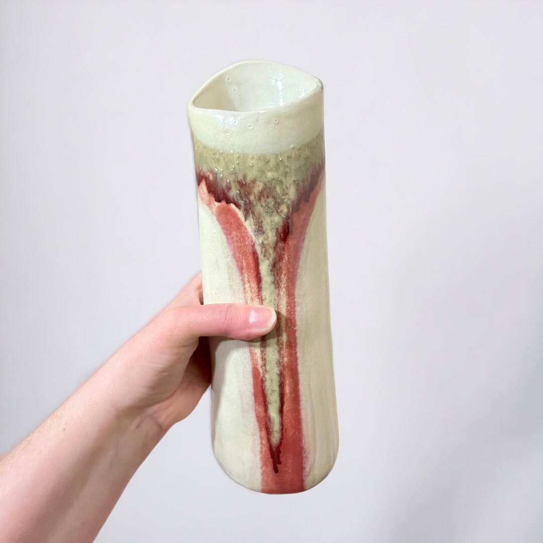 Vintage Studio Pottery Tall Cylinder Vase | Handmade Ceramic Drip Glaze ...