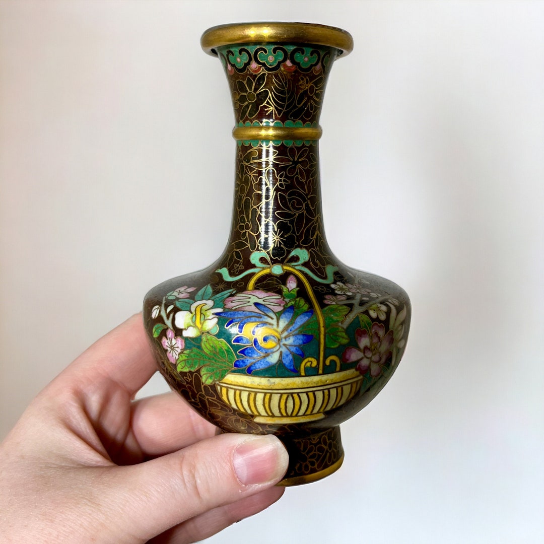 Vintage Small Cloisonne Vase Brown Bud Vase With Flower Basket Blue ...