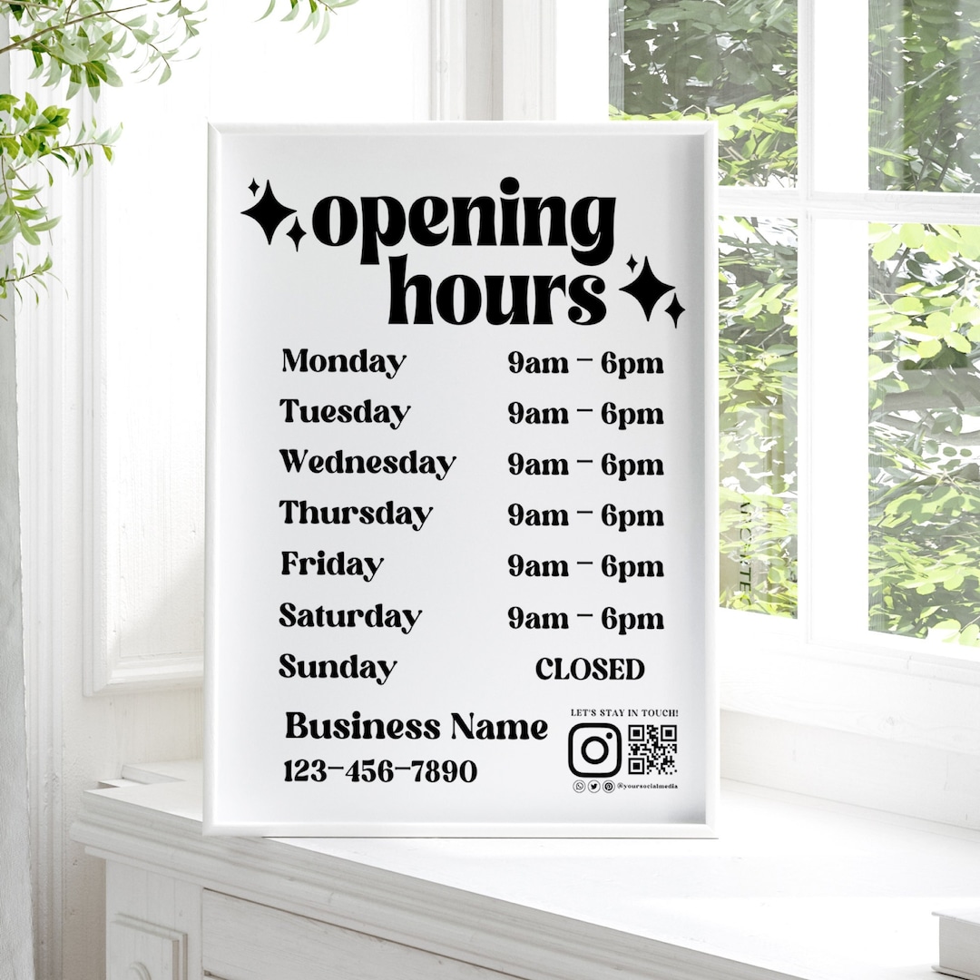 Open Hours Sign Canva Template, Editable Business Hours Sign, Salon ...