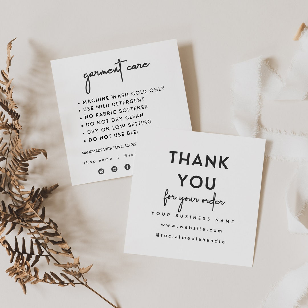 Garment Care Card Canva Template, Minimal Thank You Card Insert, Modern ...