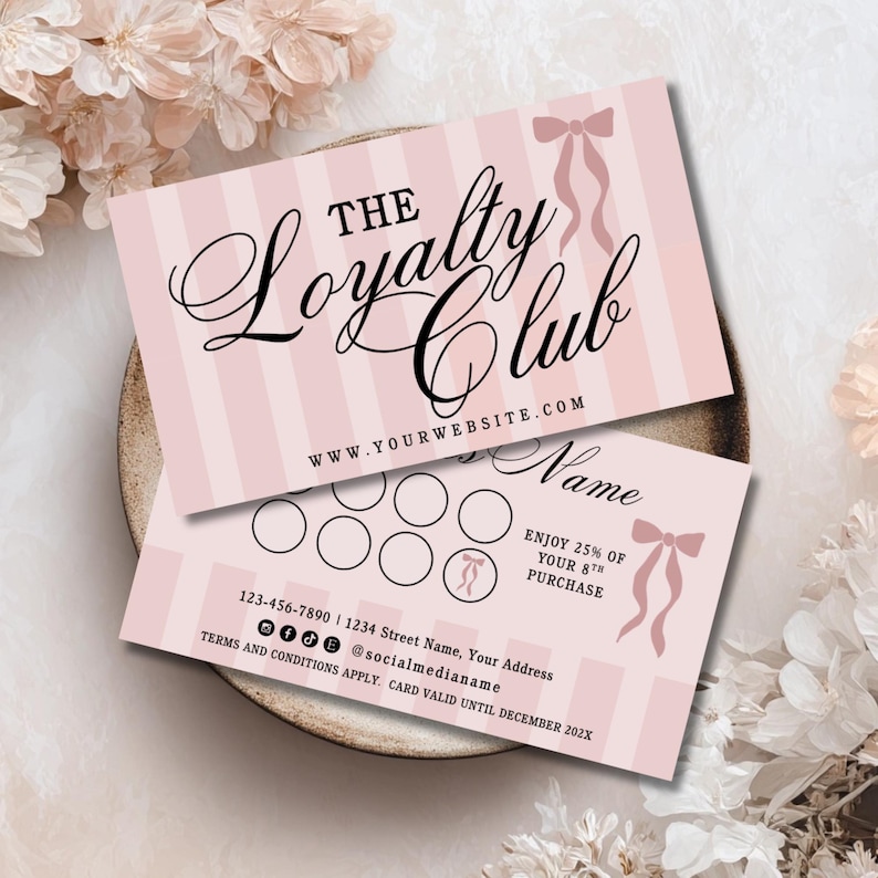 Luxury Pink Loyalty Card Template, Editable Coquette Bow Punch Card ...
