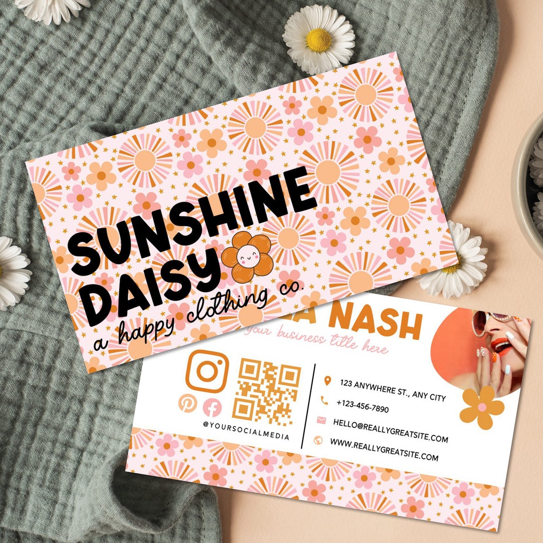Printable Groovy Daisy Business Card Design, Retro Business Card ...
