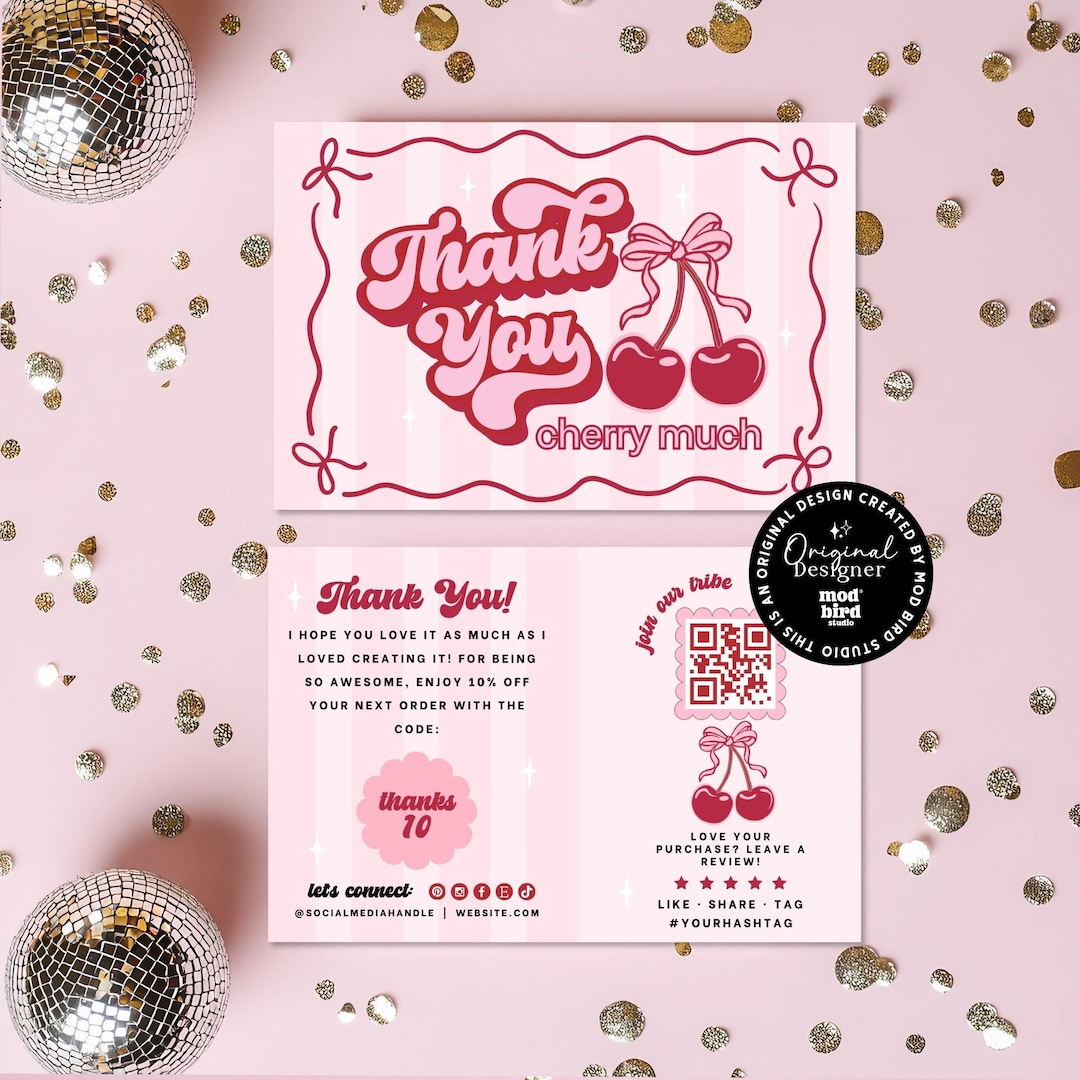 Cherry Coquette Card Thank You Card Canva Template, DIY Retro Girly ...