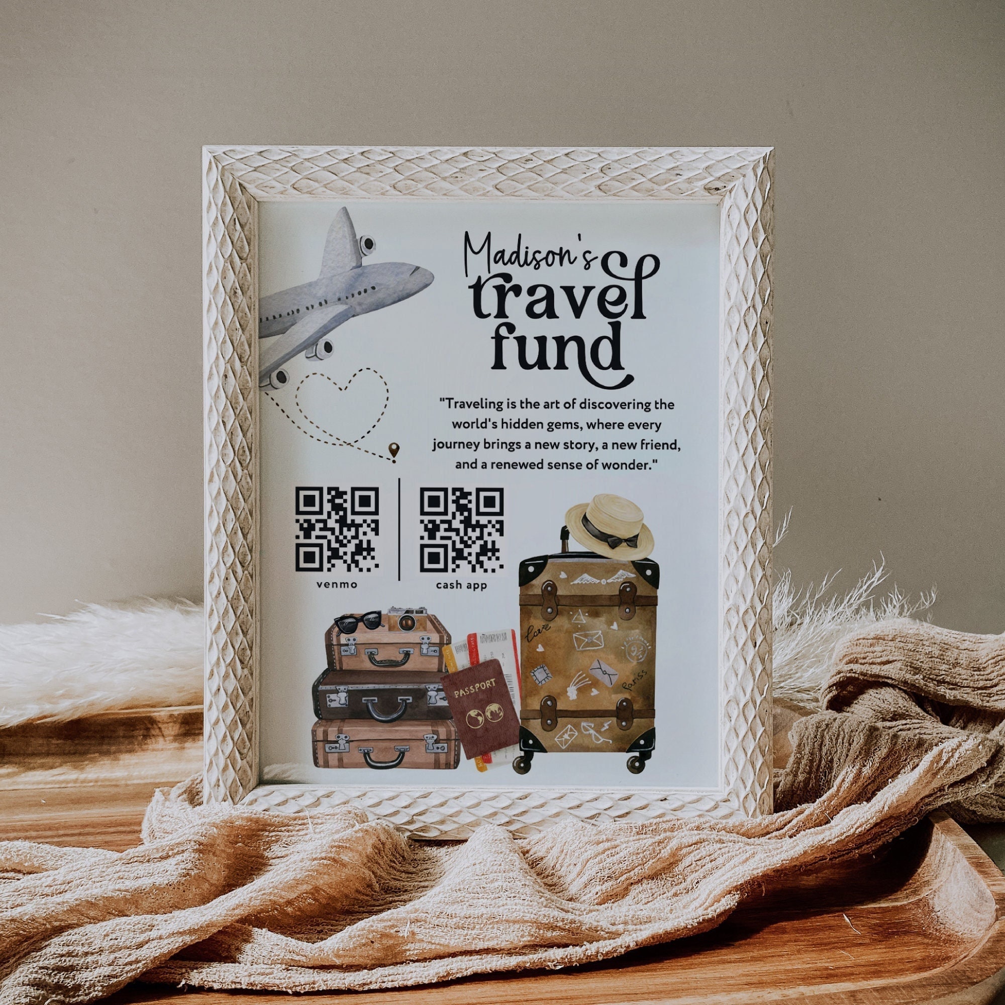 Editable Boho Travel Fund Sign, DIY Modern Retirement Celebration QR ...