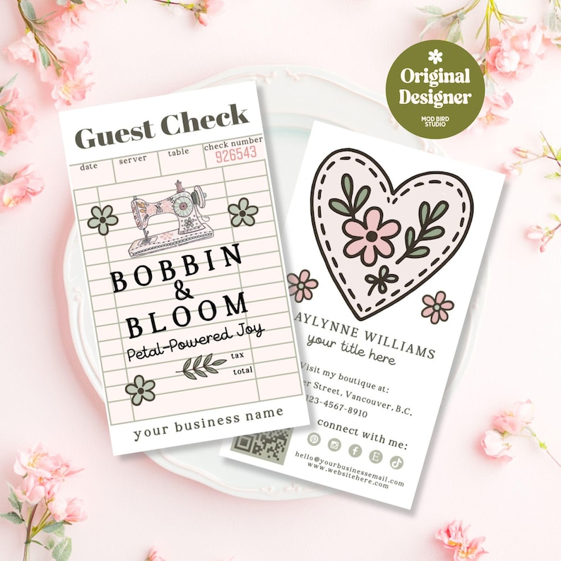 Editable Sewing Guest Check Business Card, Retro Canva Template, DIY ...