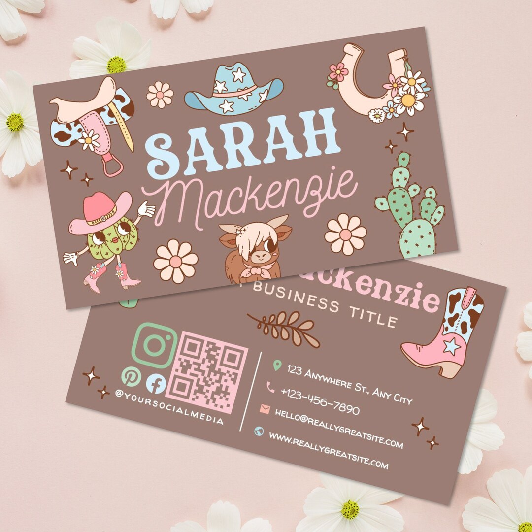 Groovy Retro Western Business Card Canva Template, DIY Printable Cactus ...