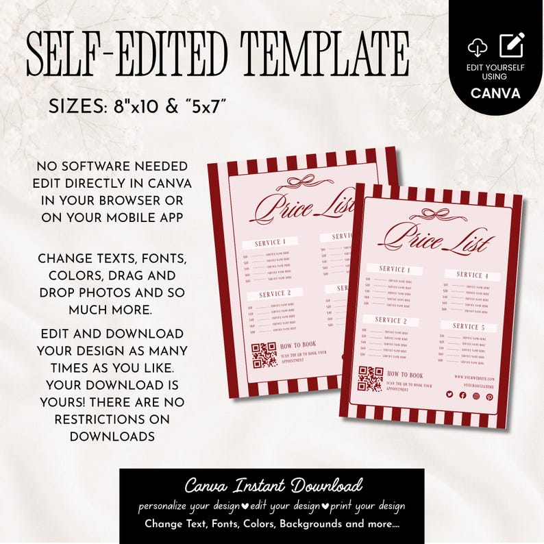 Editable Salon Price List Canva Template, Coquette Beauty Pricing Sheet ...
