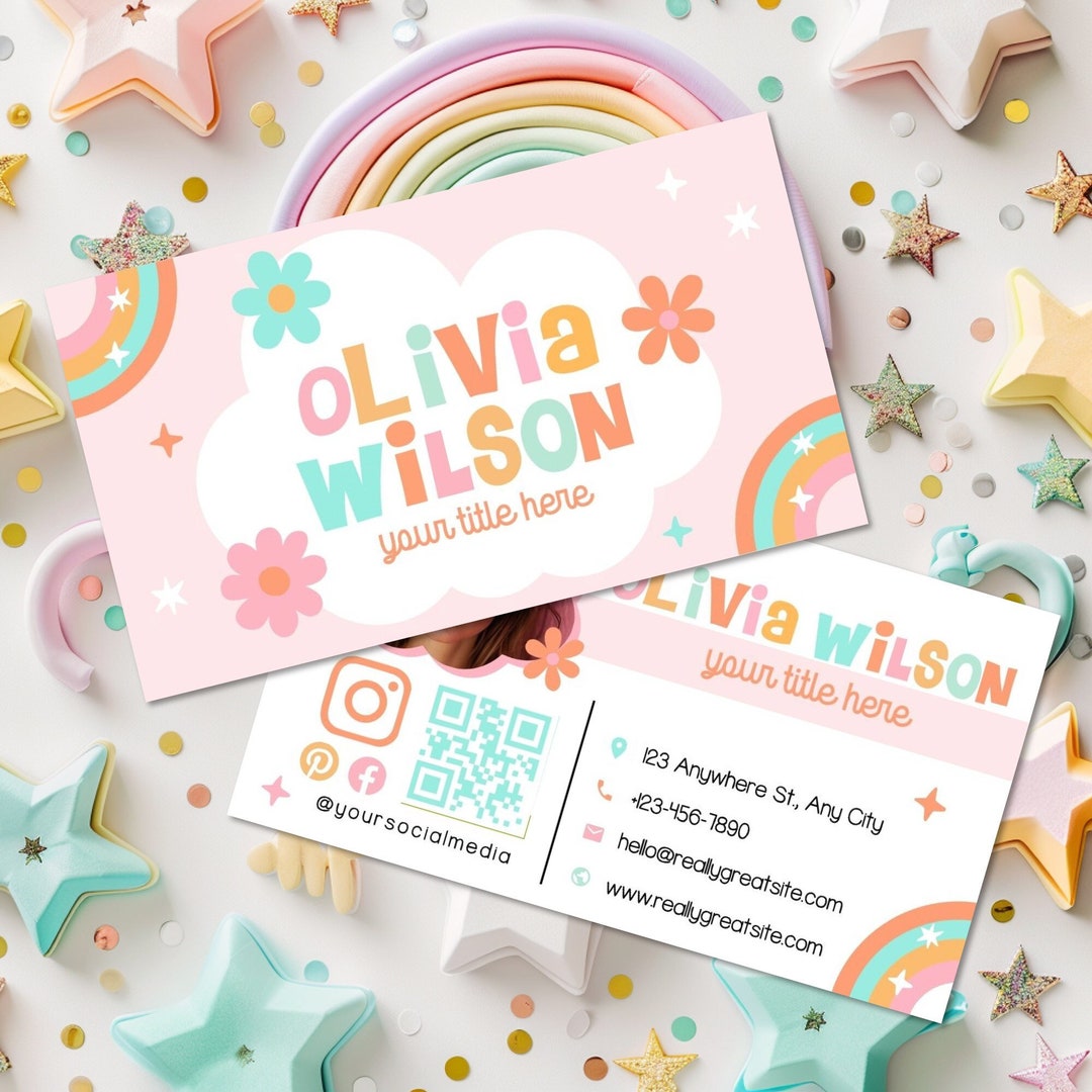 Editable Pastel Rainbow Business Card Canva Template QR Code, Printable ...