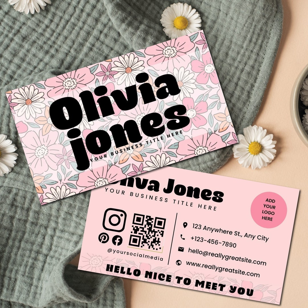 Personalized Business Card Template, Pink Flower Design, Digital ...