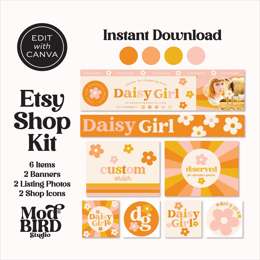 Rainbow Etsy Shop Banner Set, Boho Daisy Etsy Shop Template Kit Canva ...