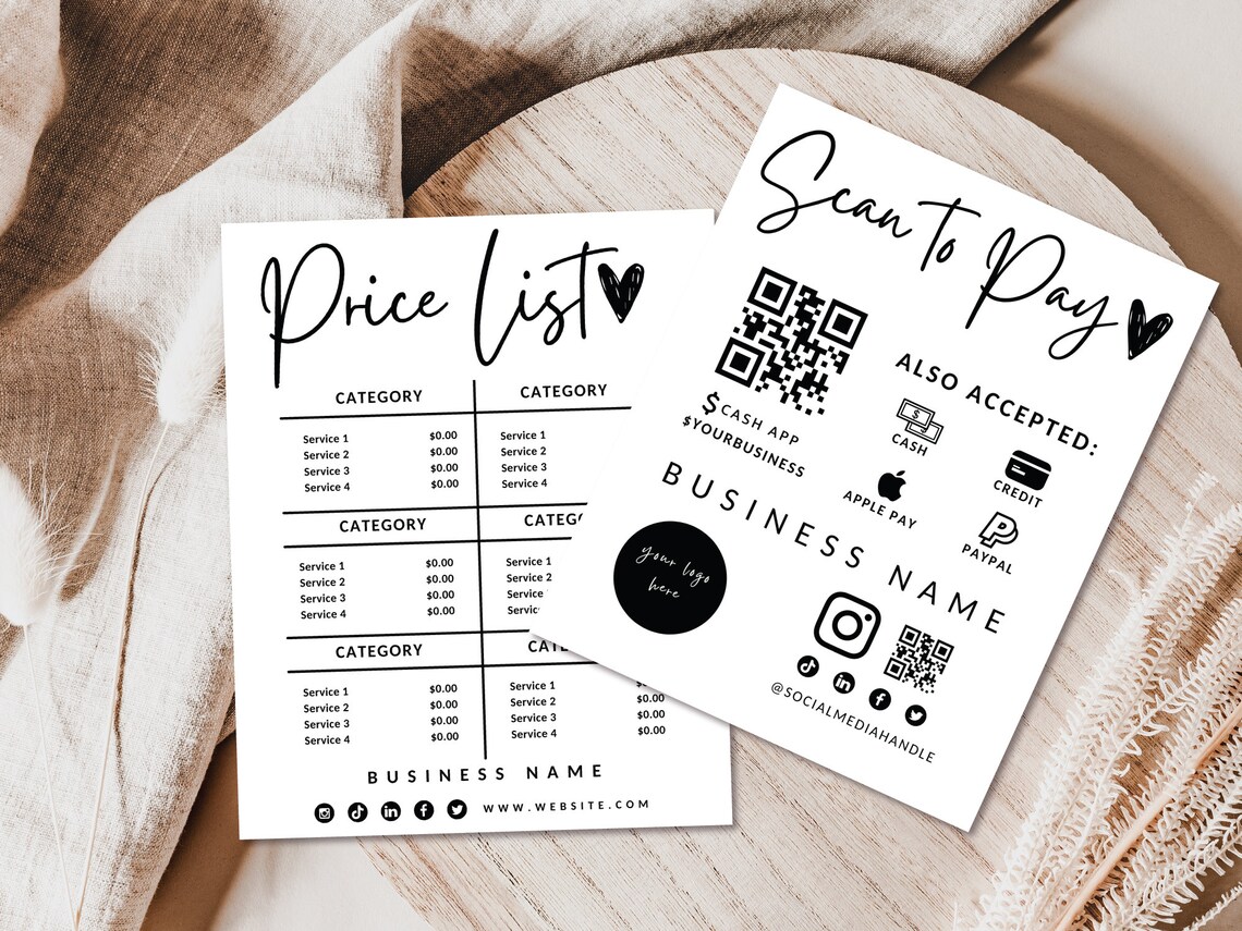 Printable Modern Price List & Payment Sign, QR Code Sign Template ...