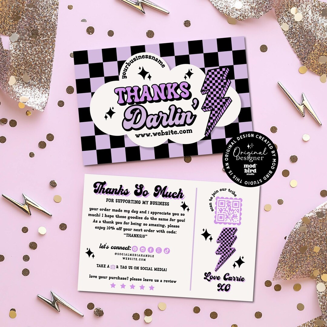 Retro Lightening Bolt Thank You Card Canva, Editable Trendy Customer ...