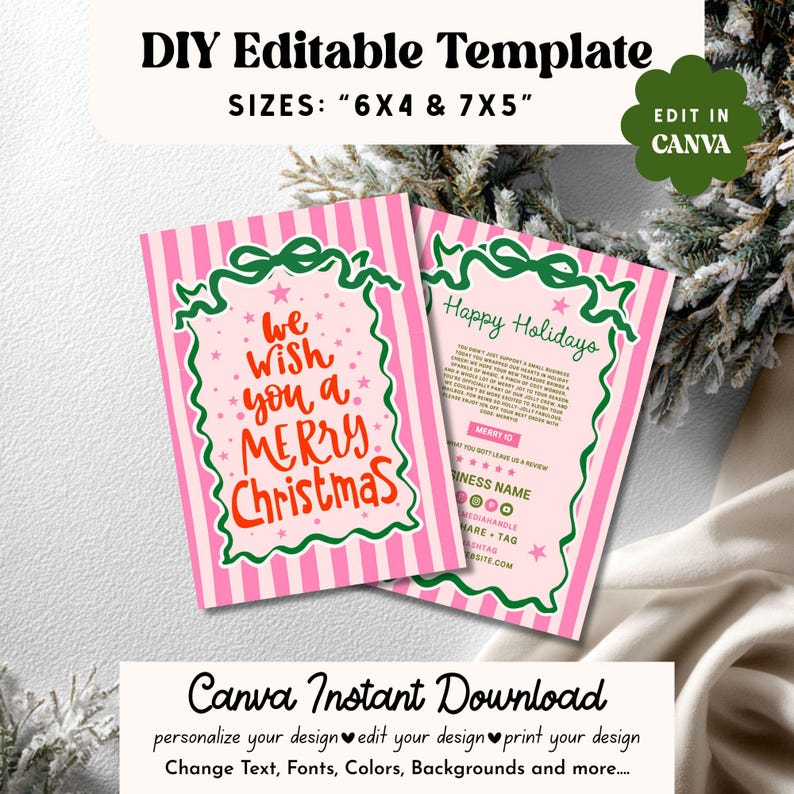 Editable Pink Christmas Thank You Card, Holiday Order Insert Template ...