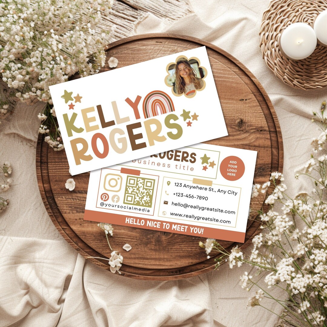 Editable Boho Rainbow Business Card Canva Template QR Code, Printable ...