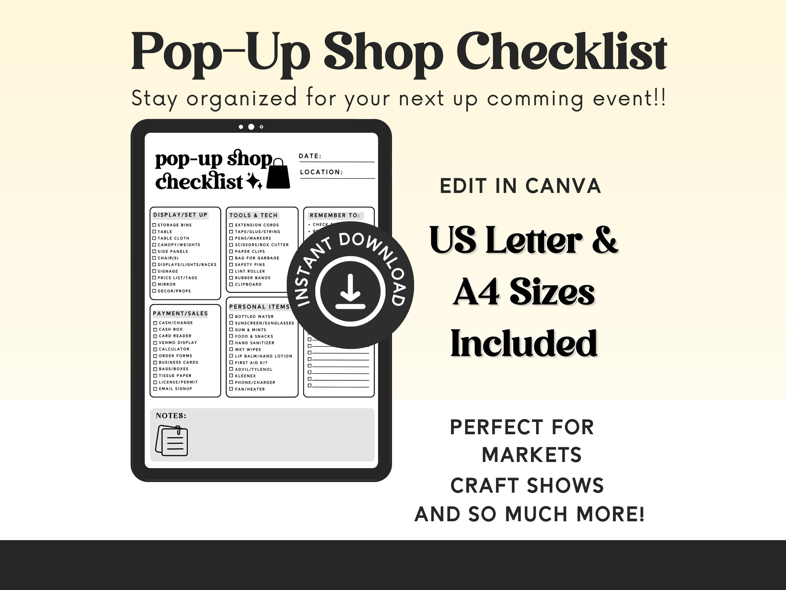 Pop-up Shop Checklist Canva Template, Checklist for Vendor Booth, Craft ...