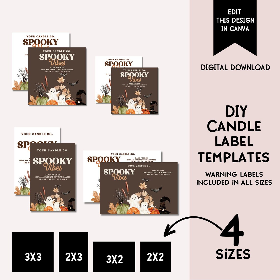 Editable Ghosts Halloween Candle Label, Customizable Canva Template ...
