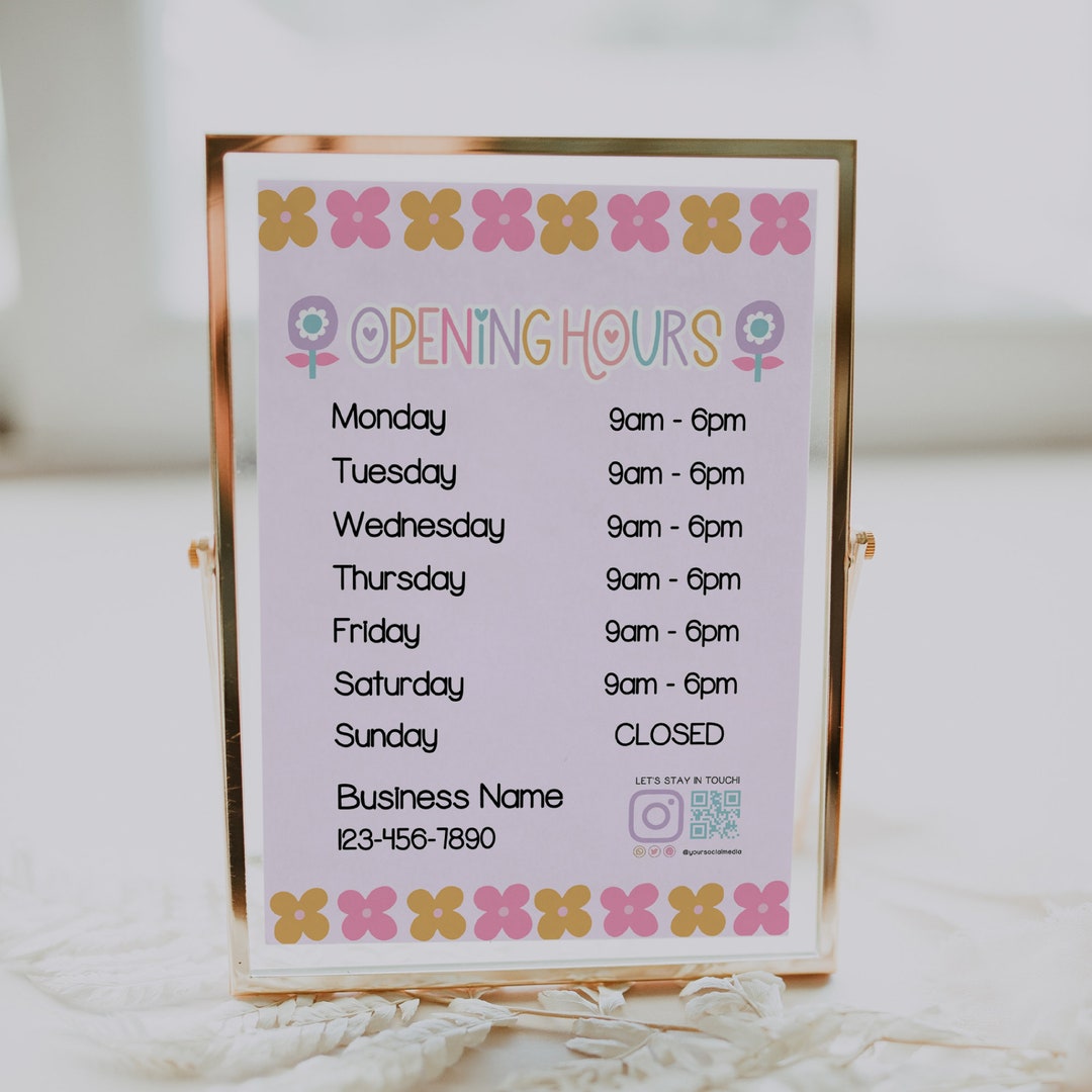 Business Hours Sign Editable Printable Template Store Hours Decal ...