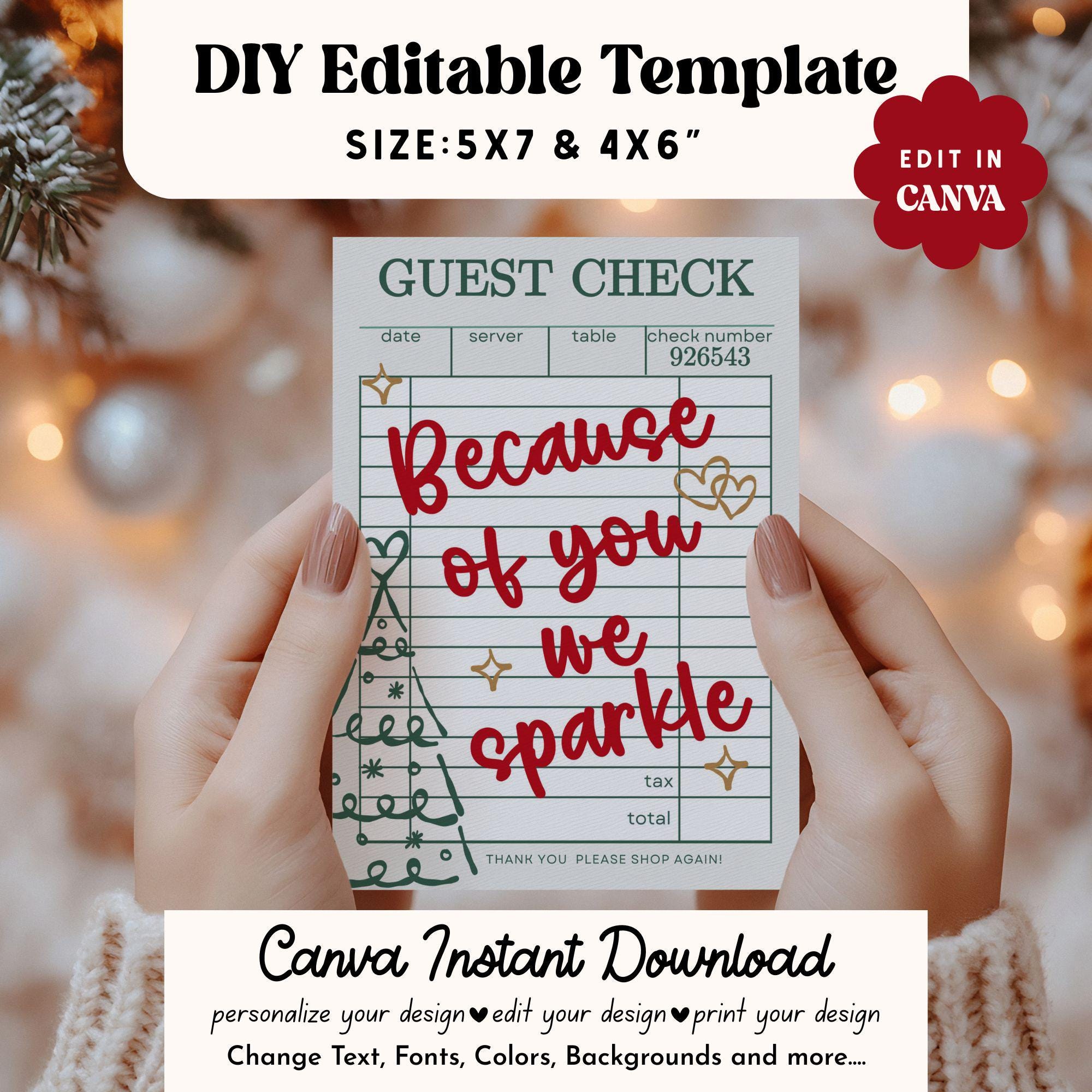 Festive Guest Check Thank You Card Template, Editable Christmas ...