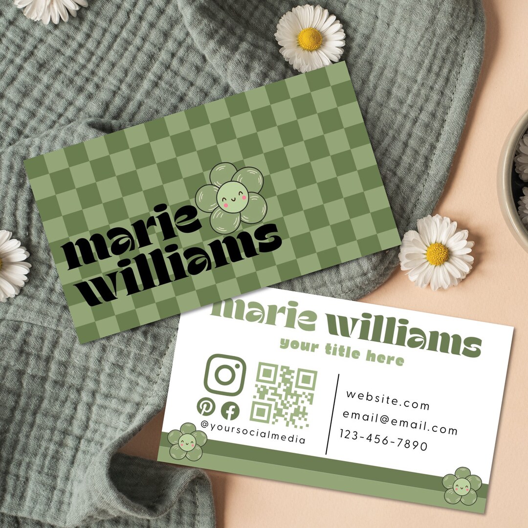 Printable Groovy Daisy Business Card Design, Retro Business Card ...
